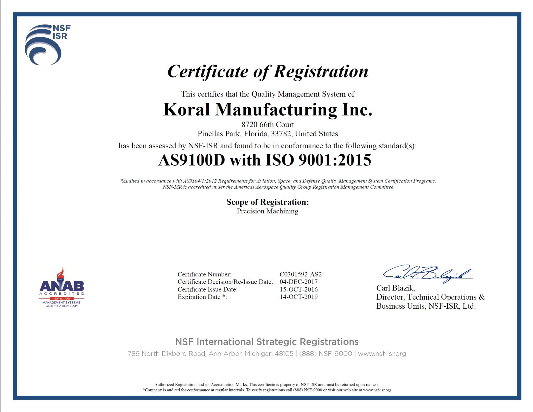AS9100 Certificate - Koral